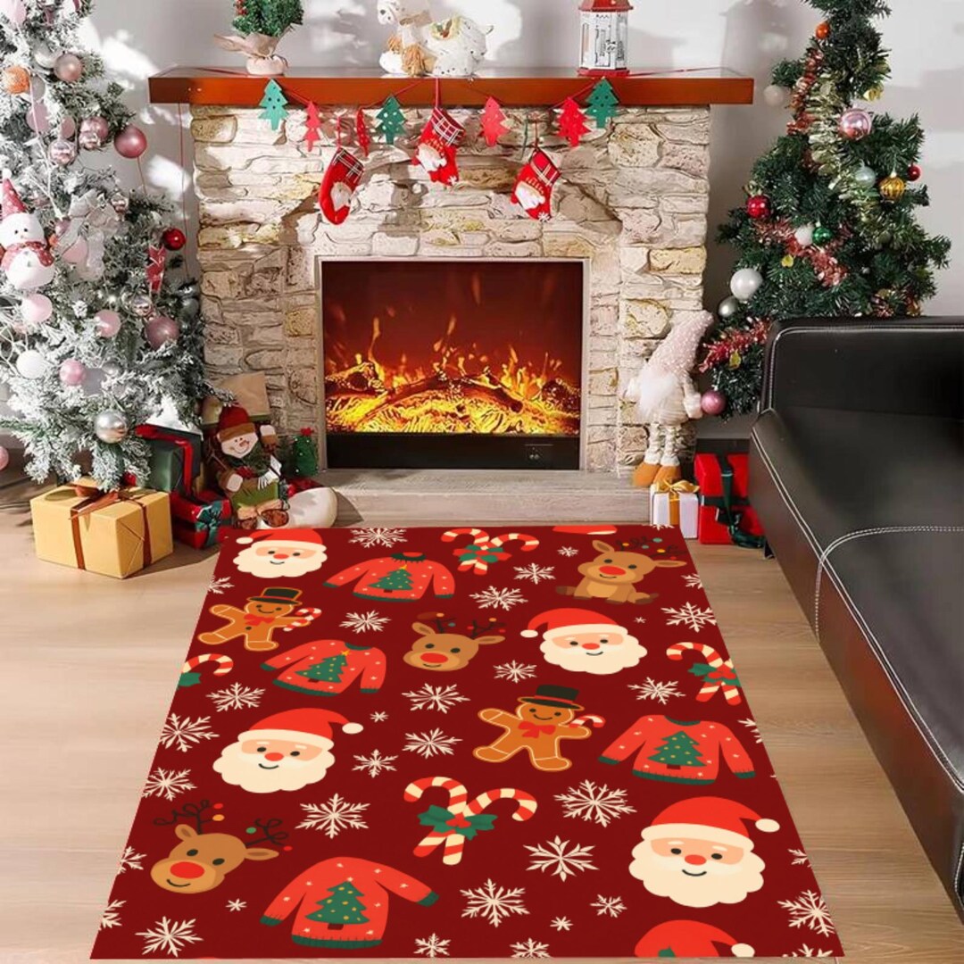 Red Christmas Rug: Holiday Santa, Reindeer, and Gingerbread Print ...