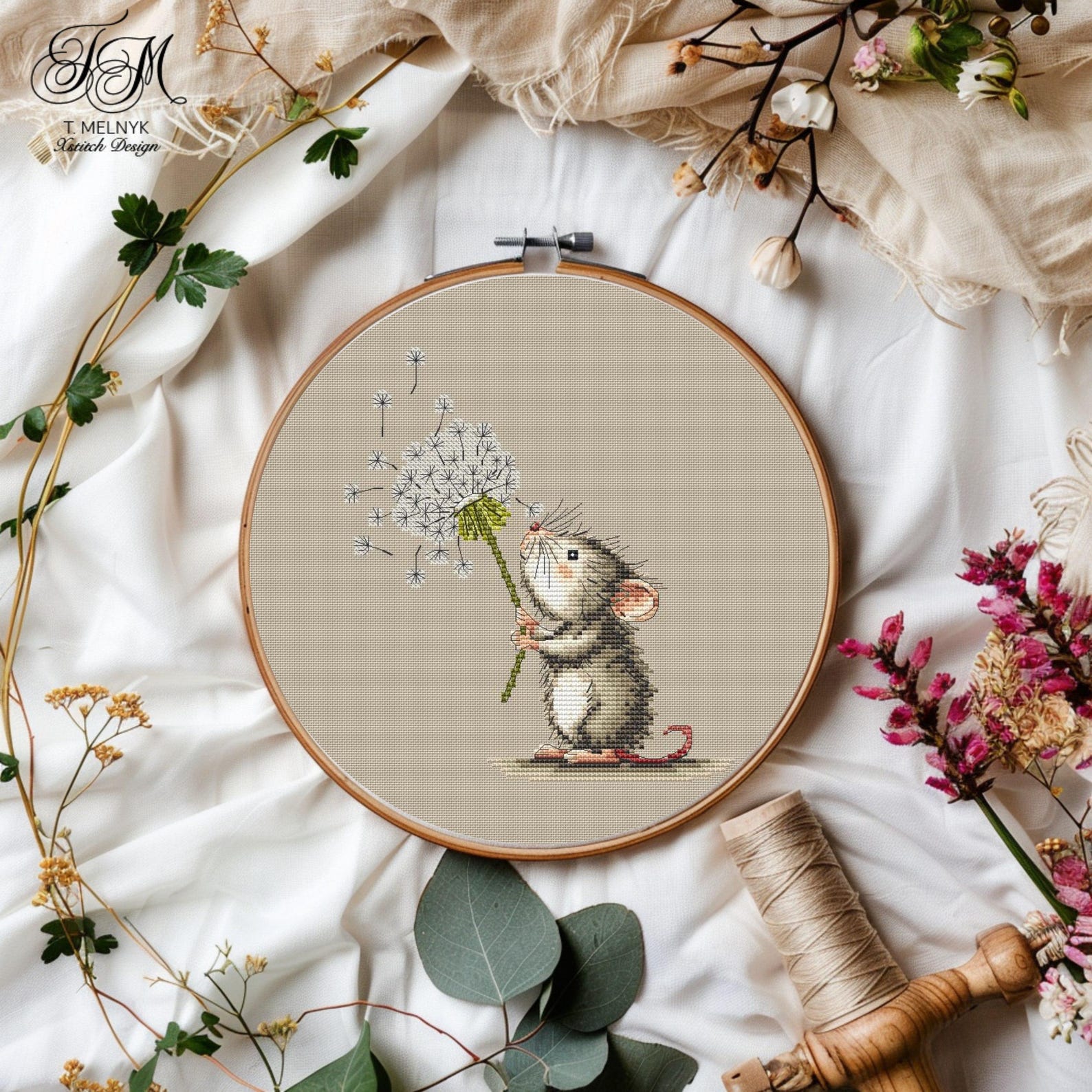 Dandelion Mouse Cross Stitch Pattern Cute Animal Cross Stitch Dandelion ...