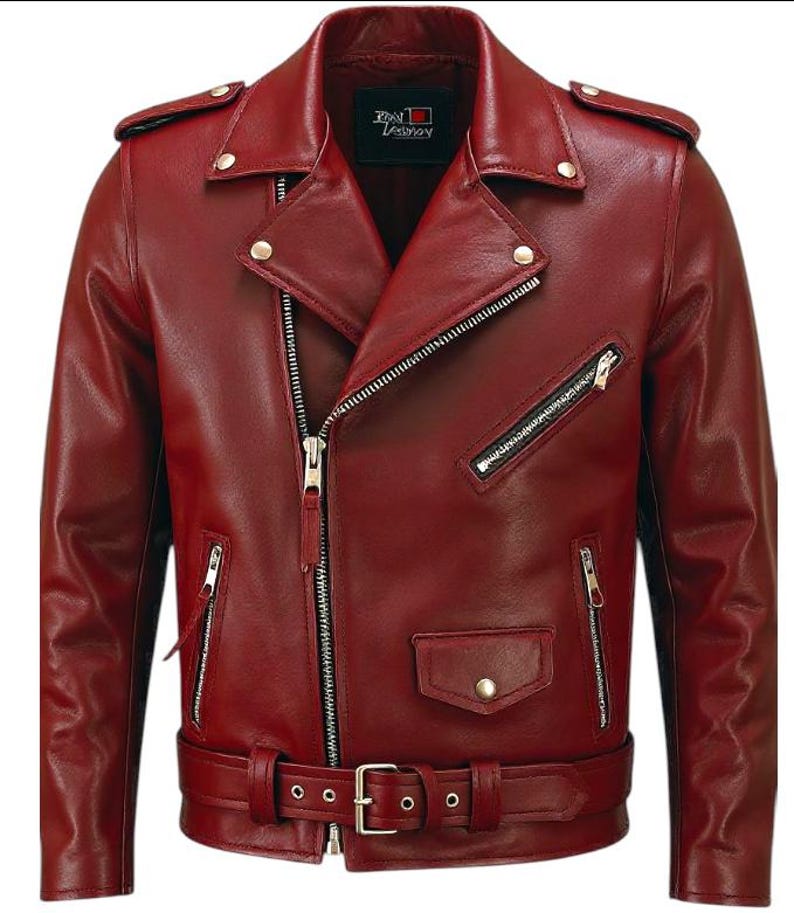 Classic Handmade Maroon Biker Leather Jacket -vintage Motorcycle Style ...