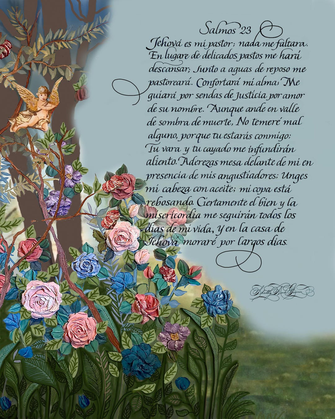 Psalm 23 Handwritten in Spanish, Christian Art, Faith Gift, the Lord is ...