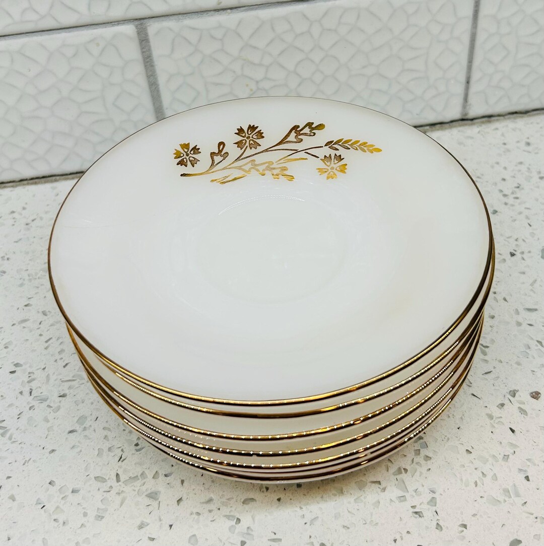 Vintage Federal Milk Glass Saucers - Gold Meadow Floral Set of 7 - Etsy