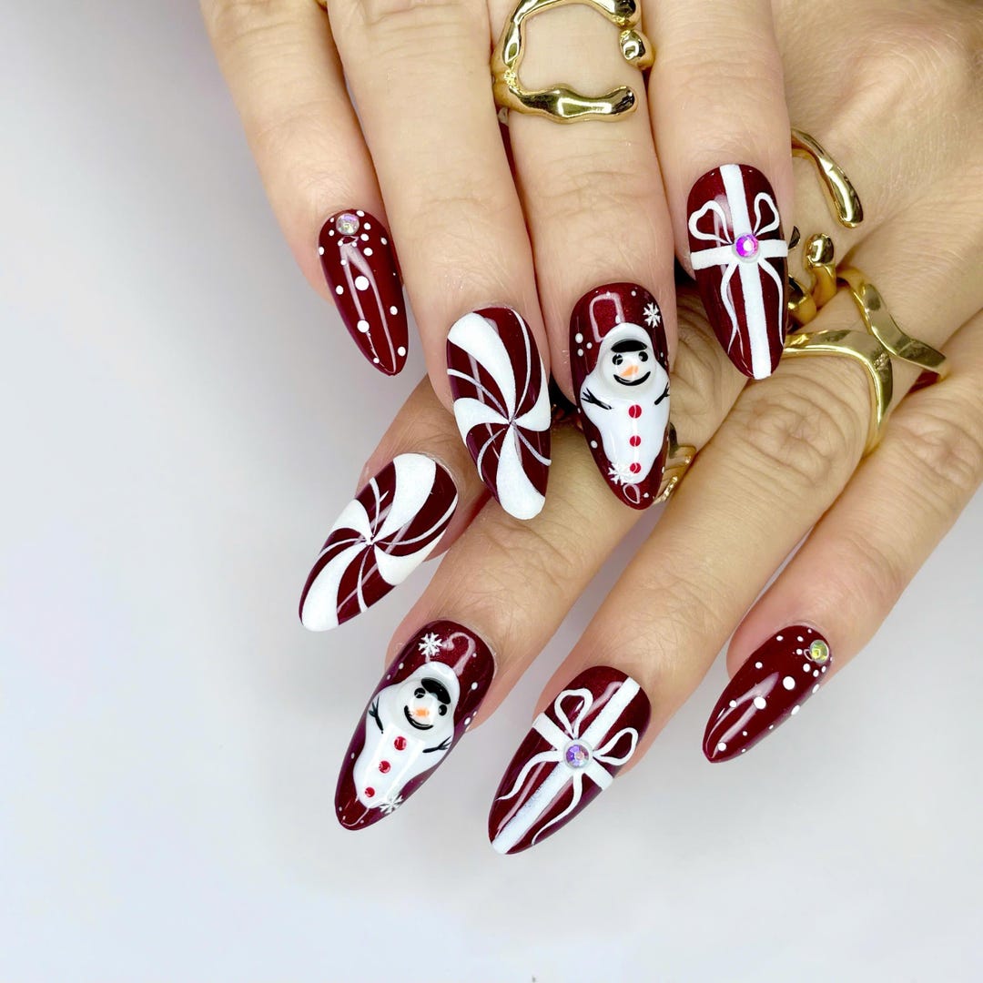 Red and White Christmas Press on Nails, Snowman and Snowflake Holiday ...
