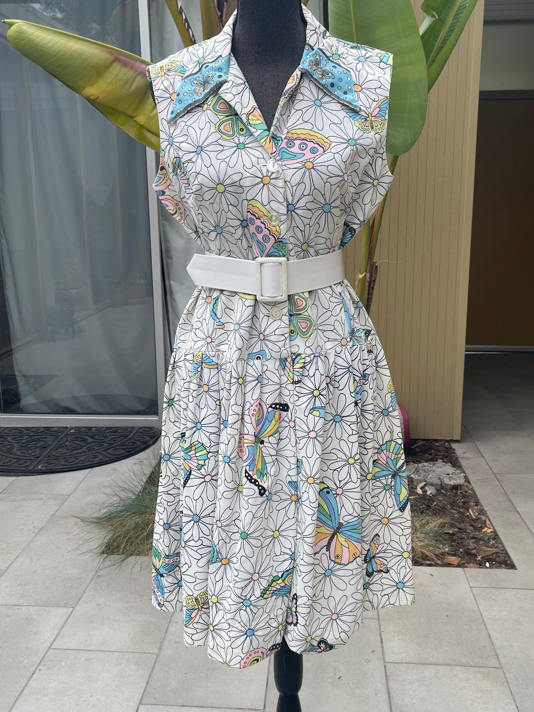 70s Butterfly Belted Waist Dress Serbin by Lisa Cobb M/L - Etsy