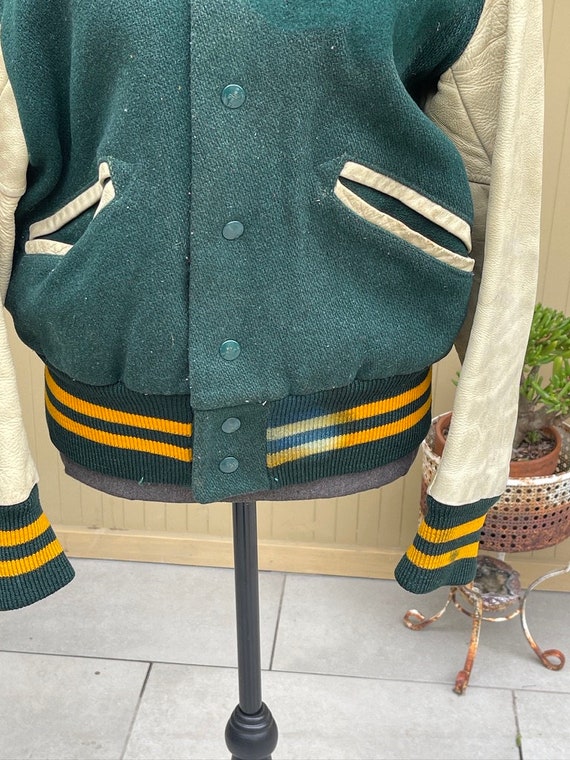 60s Varsity Jacket Leather Sleeves Striped Cuffs Vint… - Gem
