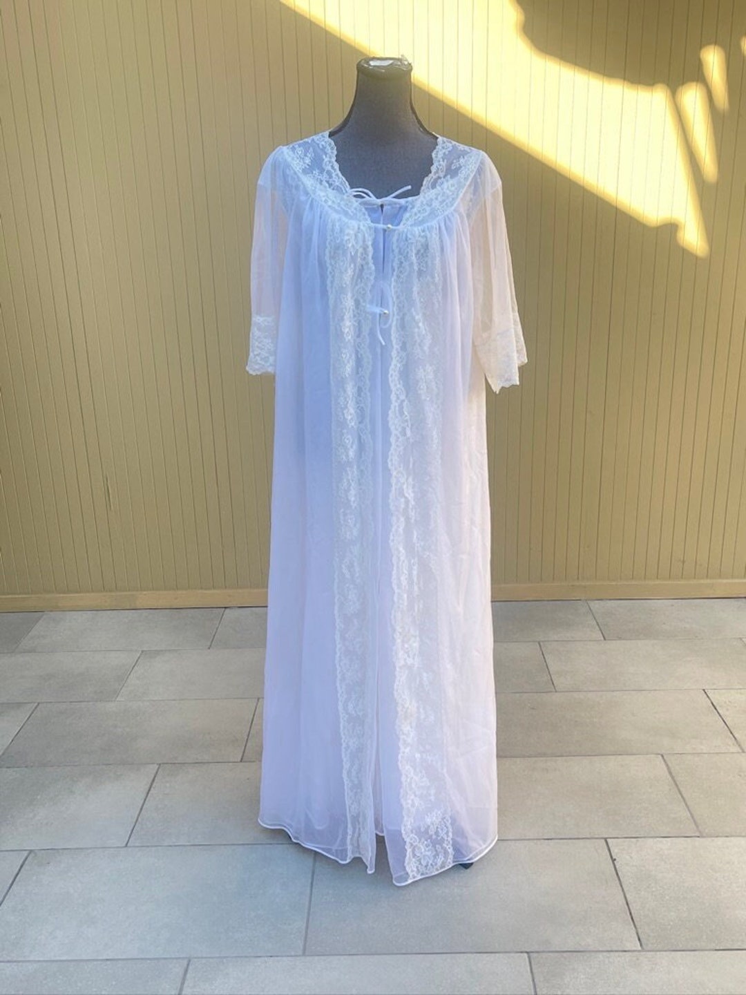 60s Shadowline Peignoir Set Flowy Lace Nightgown Long Sheer Robe Large ...