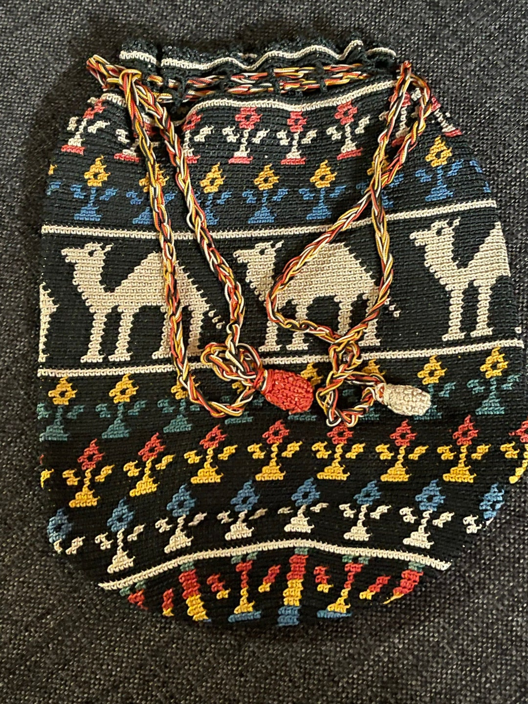 Vintage Knit Egyptian Revival Middle East Reticule Bag Drawstring Camel ...