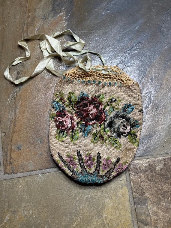 Antique Victorian Bag Micro Beaded Reticule Purse Flo… - Gem