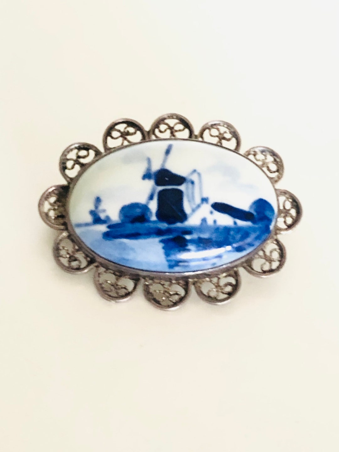 Dutch Delft Sterling Silver Filigree Windmill Holland Oval Porcelain ...