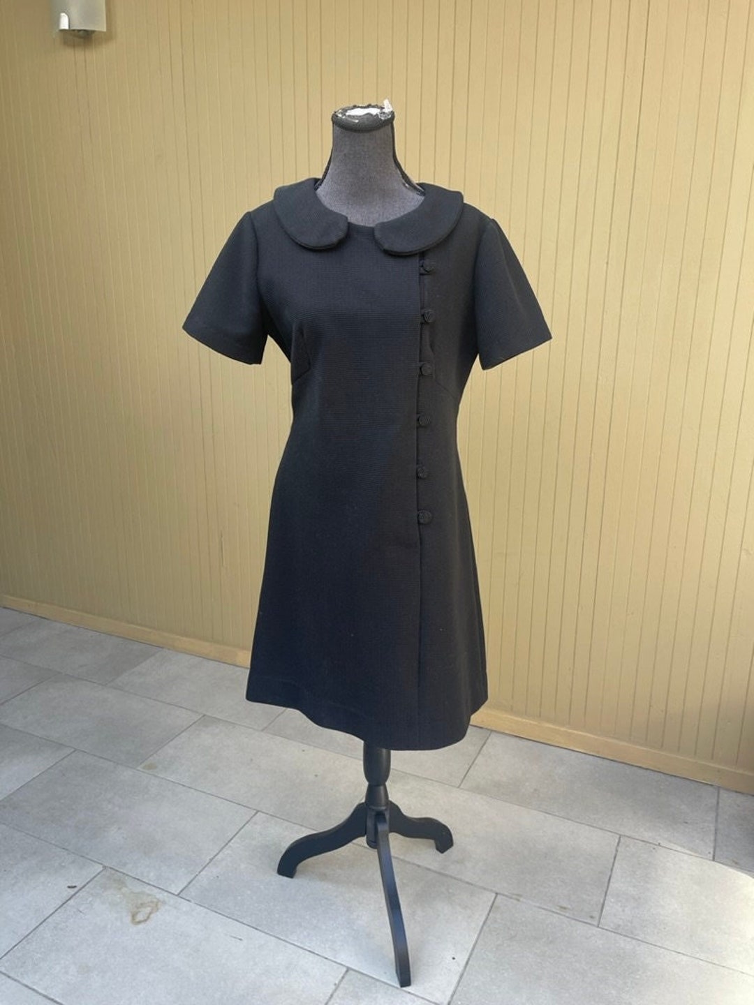 60s Black A-line Dress Offset Buttons Peter Pan Collar Medium - Etsy
