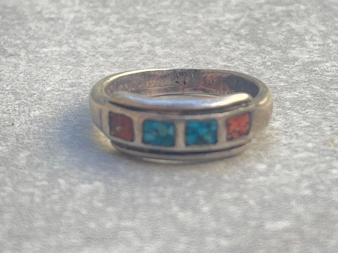 Turquoise Coral Chip Inlay Silver Native American Ring Size 6 - Etsy