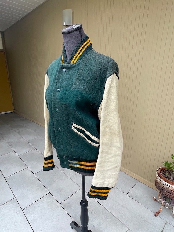 60s Varsity Jacket Leather Sleeves Striped Cuffs Vint… - Gem