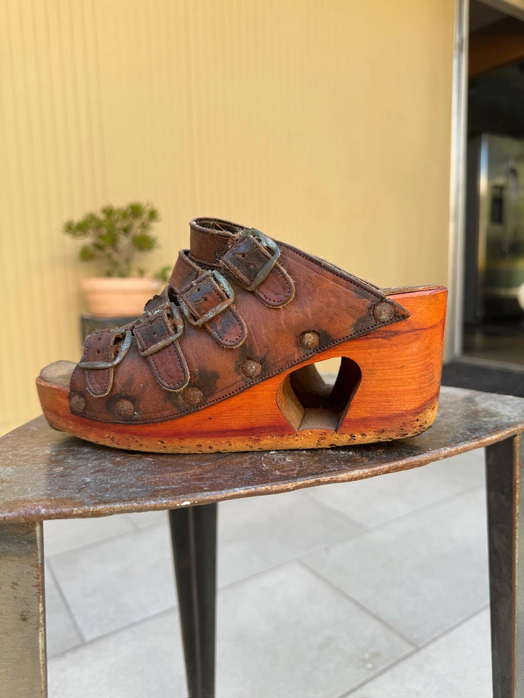 70s Wooden Platform Cutout Wedge Heel Sandals Stuff by Frank Sbicca ...