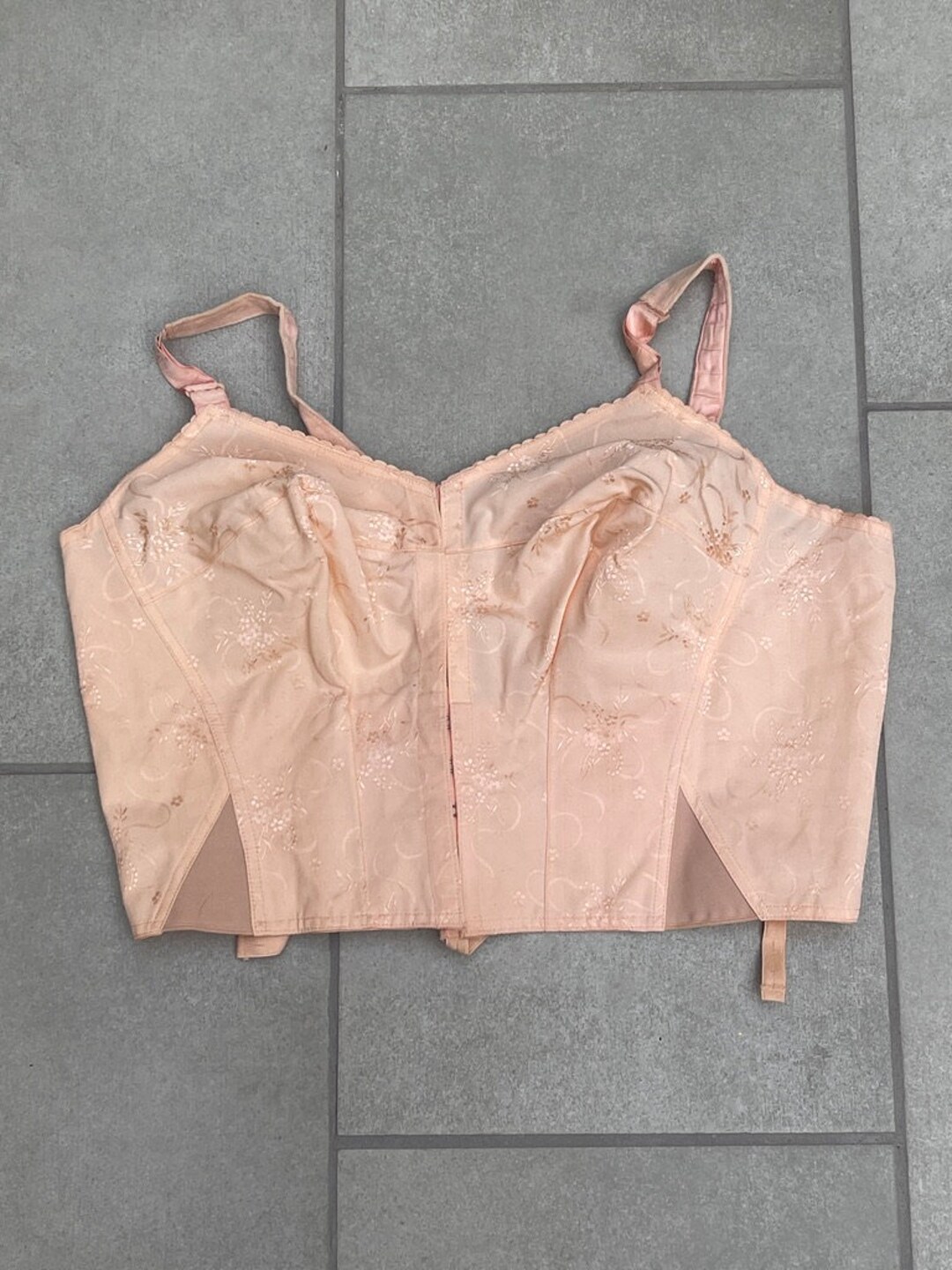 50s Felina Peach Brocade Corselette Long Line Bullet Bra Corset Top L ...