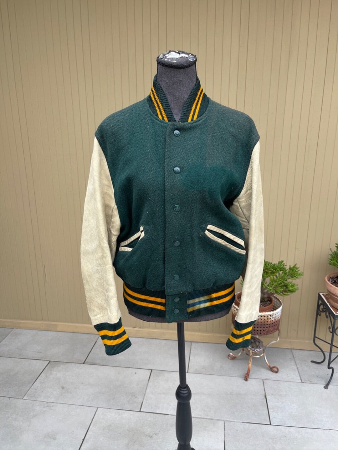 60s Varsity Jacket Leather Sleeves Striped Cuffs Vintage Whiting Size ...