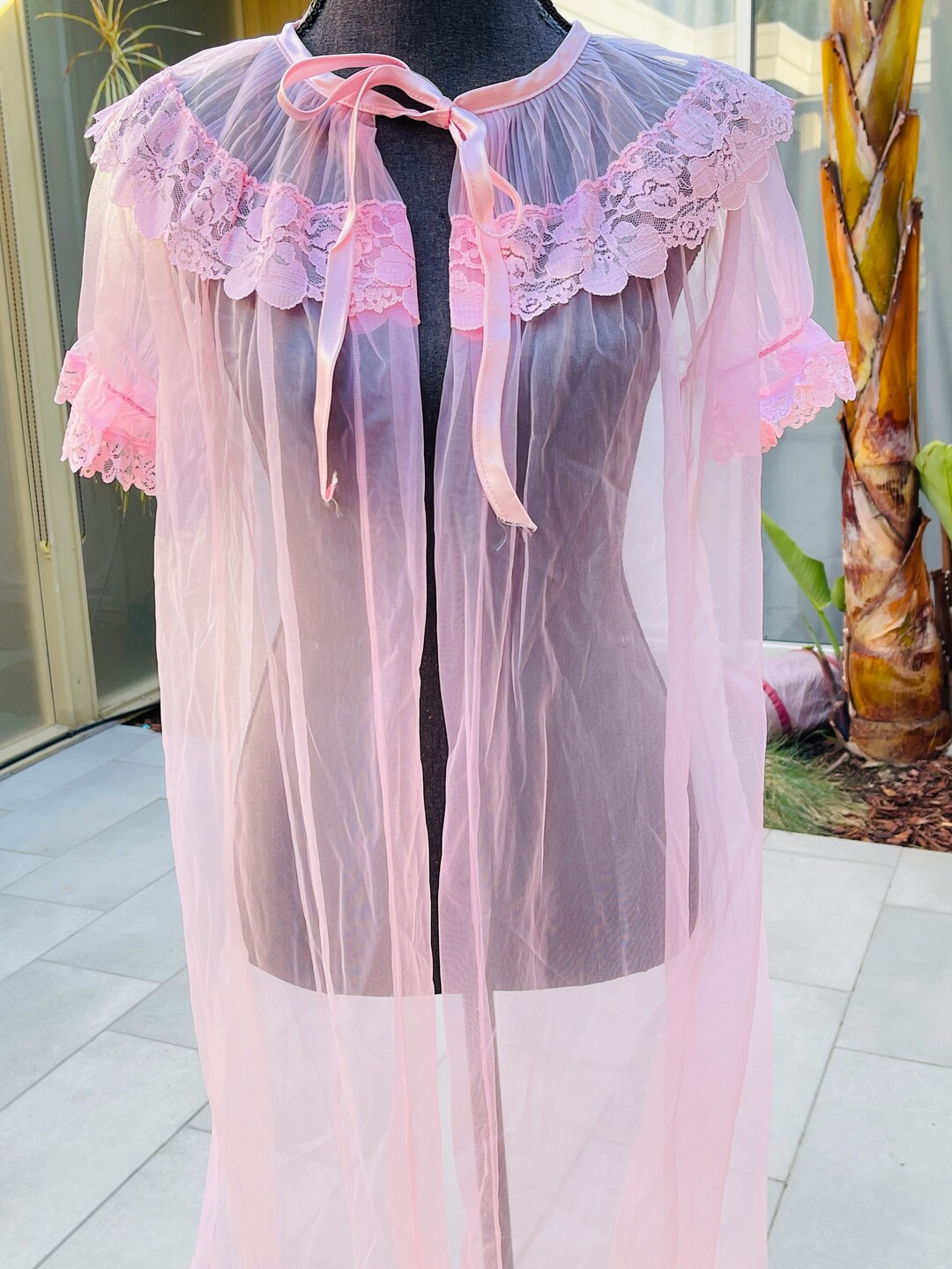 60s Pink Peignoir Vintage Sheer Lace Lingerie Dressing Gown Robe Etsy