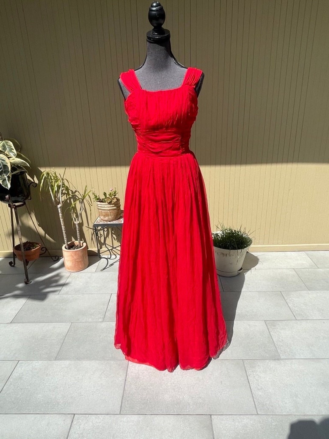 50s Red Tulle Cocktail Dress Long Formal Maxi Gown Prom Bridesmaid ...