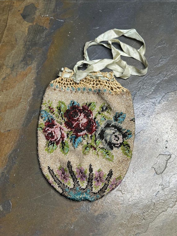 Antique Victorian Bag Micro Beaded Reticule Purse Flo… - Gem