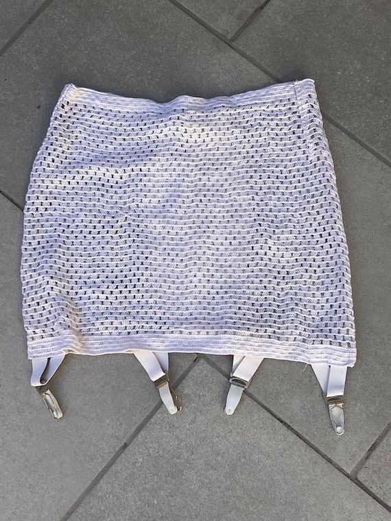 50s Open Bottom Girdle Skirt Metal Garters White Knit Gem