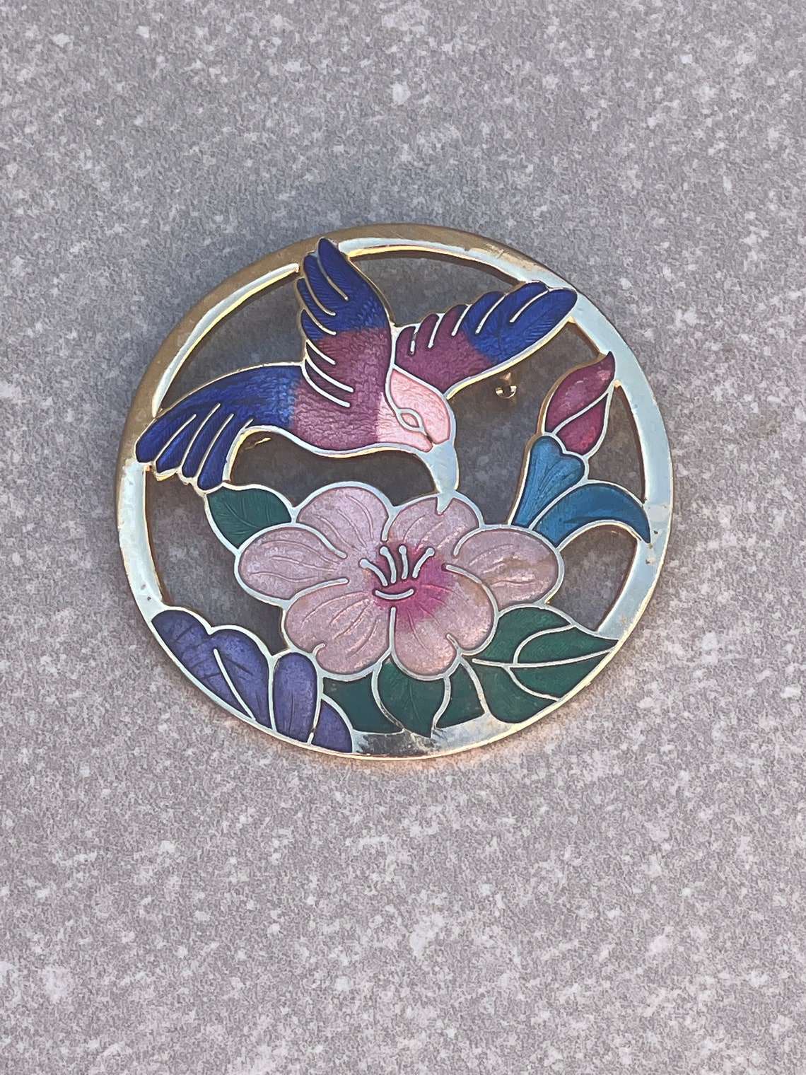 Cloisonné Hummingbird Enameled Flower Gold Circle Vintage - Etsy
