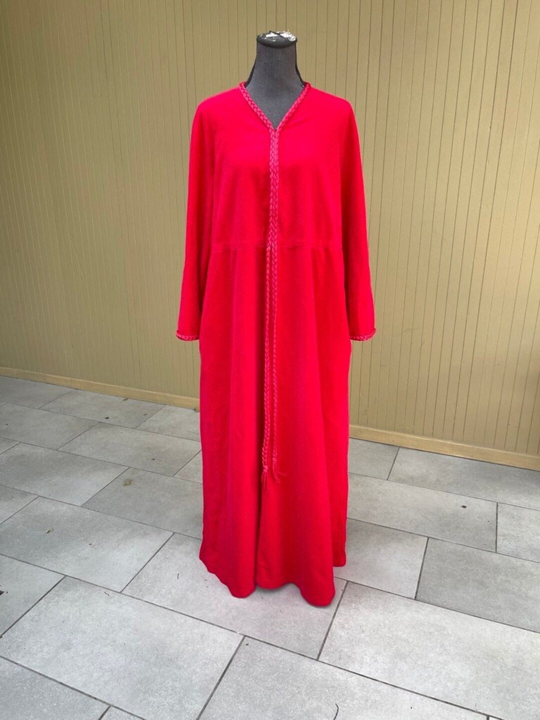 70s Vanity Fair Red Half Zip Housecoat Vintage Velour Robe Braided Trim ...
