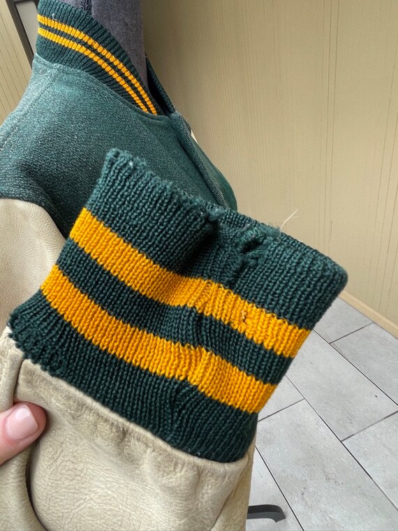 60s Varsity Jacket Leather Sleeves Striped Cuffs Vint… - Gem