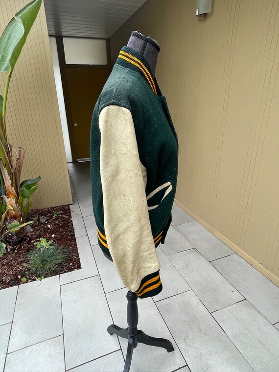 60s Varsity Jacket Leather Sleeves Striped Cuffs Vint… - Gem