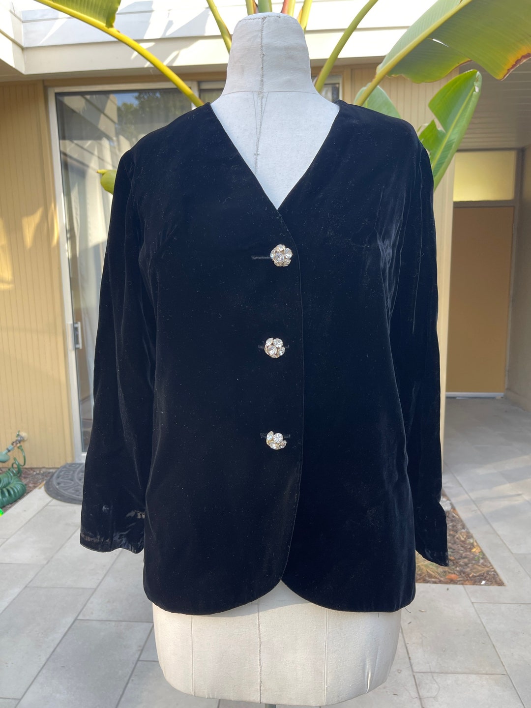 60s Black Velvet Fitted Jacket Vintage Blazer Rhinestone Cluster ...