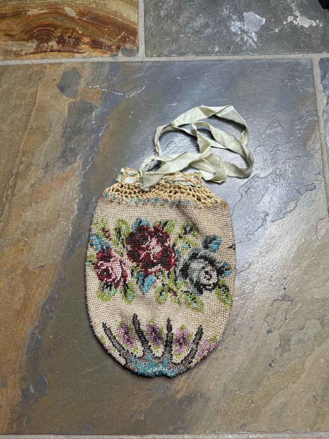 Antique Victorian Bag Micro Beaded Reticule Purse Floral Drawstring ...