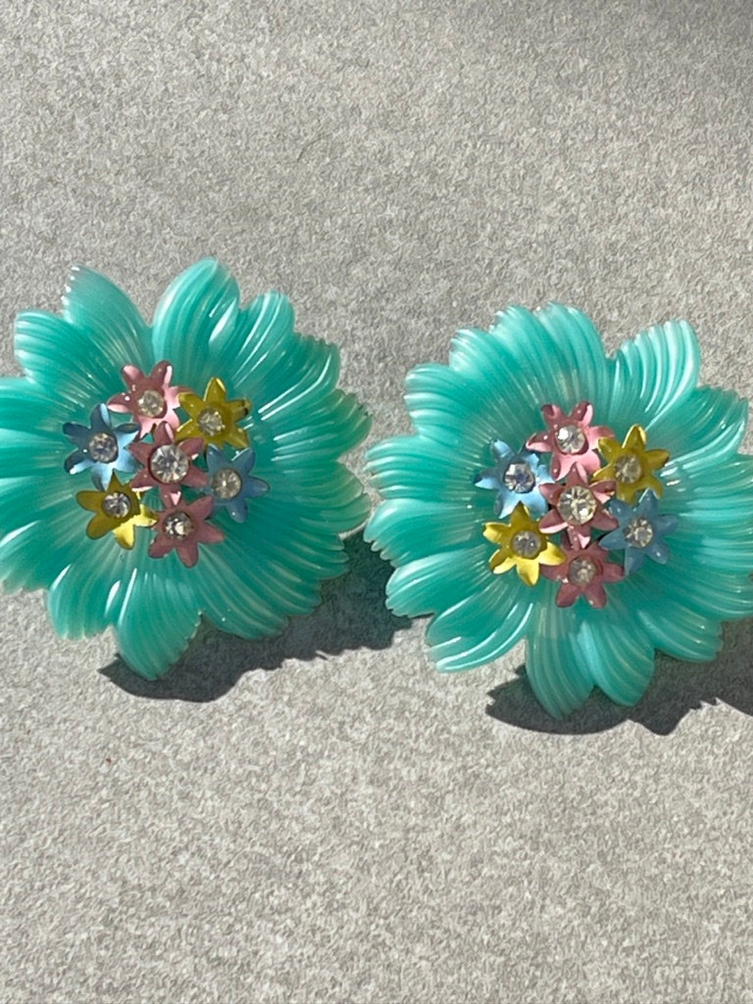 Early Plastic Large Turquoise Flower Earrings Enameled Mini - Etsy