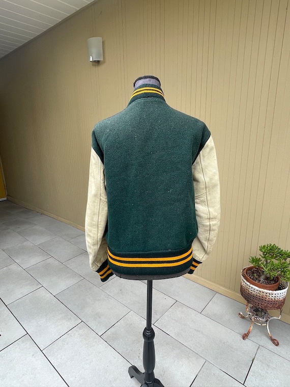 60s Varsity Jacket Leather Sleeves Striped Cuffs Vint… - Gem