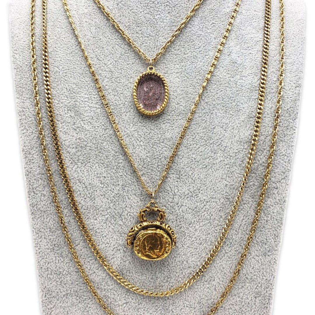 Goldette Signed Multi Strand Intaglio Cameo Spinner Fob Layered Vintage ...