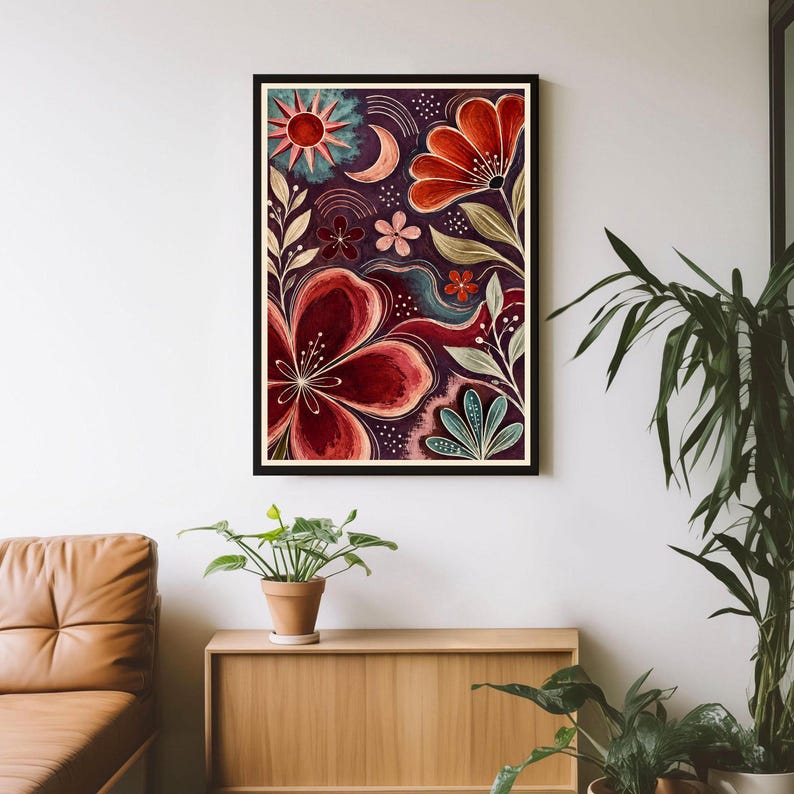 Boho Floral Moon Sun Poster, Abstract Flower Wall Art, Celestial ...
