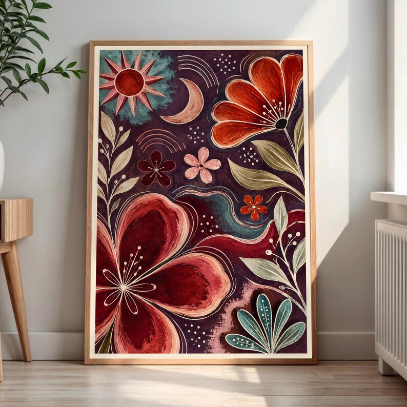 Boho Floral Moon Sun Poster, Abstract Flower Wall Art, Celestial ...
