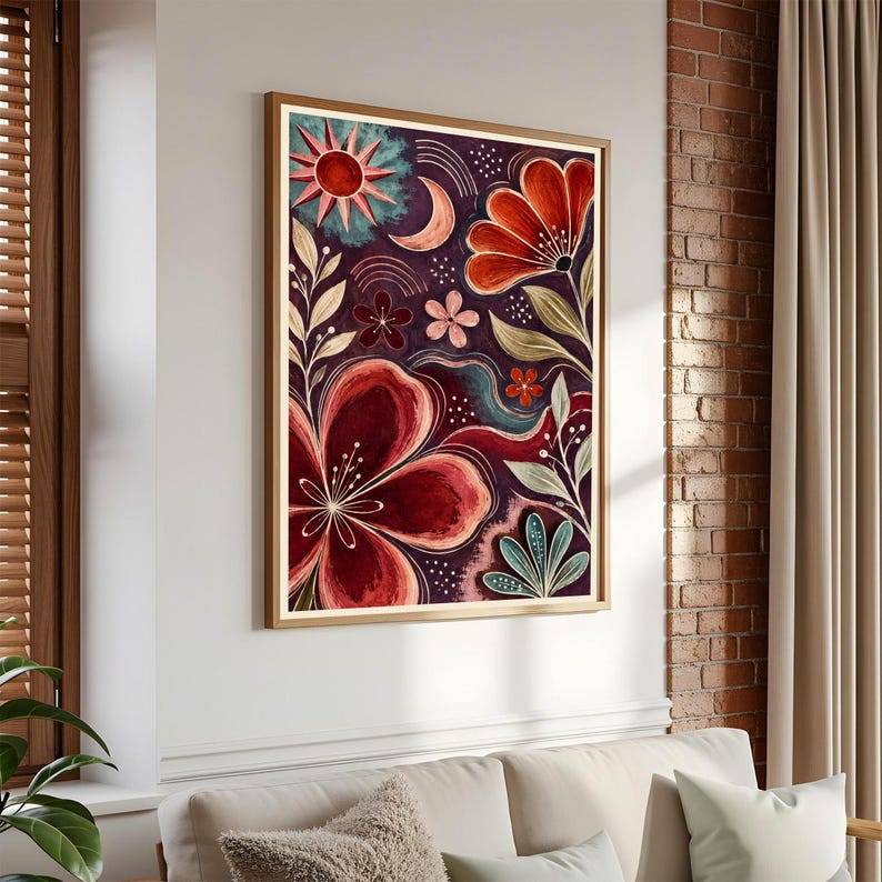 Boho Floral Moon Sun Poster, Abstract Flower Wall Art, Celestial ...