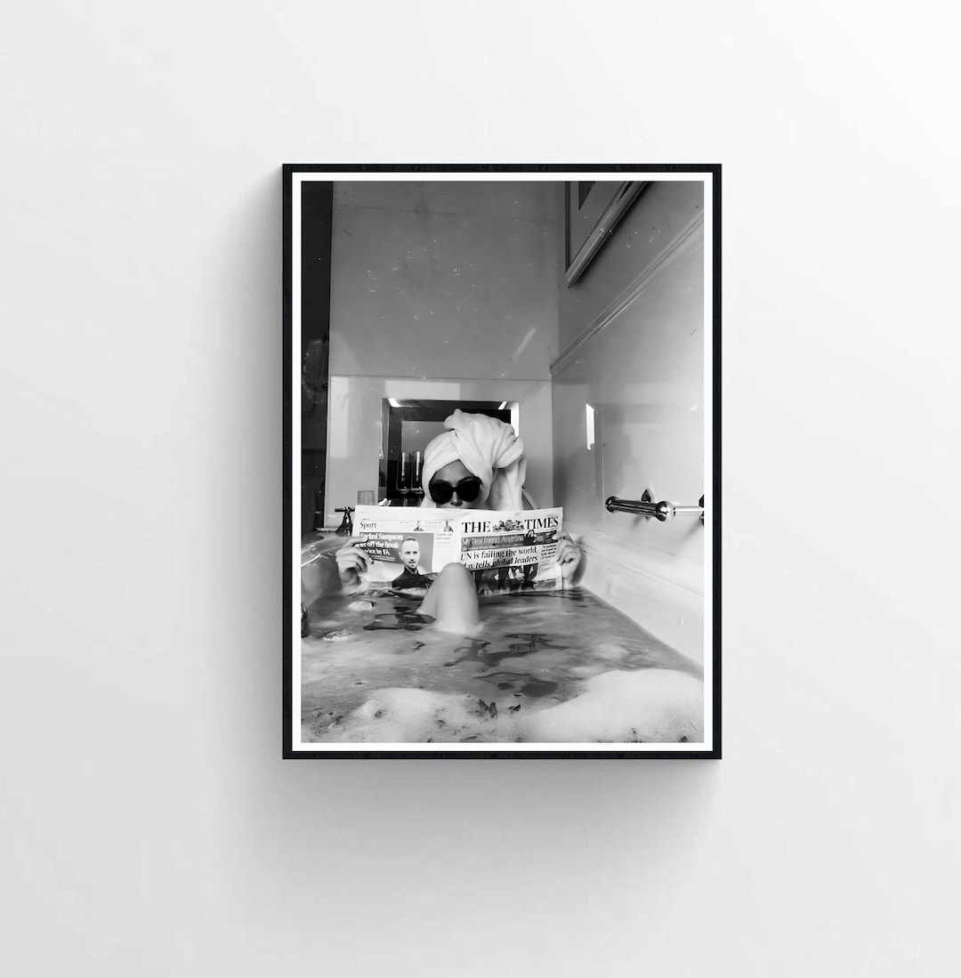 Funny Girl Reading Newspaper Bathroom Print, Black and White Restroom ...