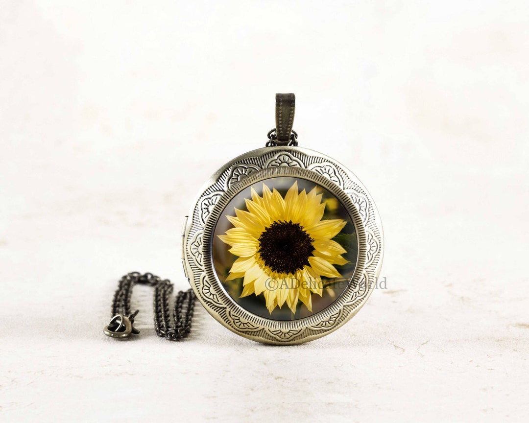 Sunflower Locket, Yellow Flower Photo Locket, Summer Flower Jewelry ...