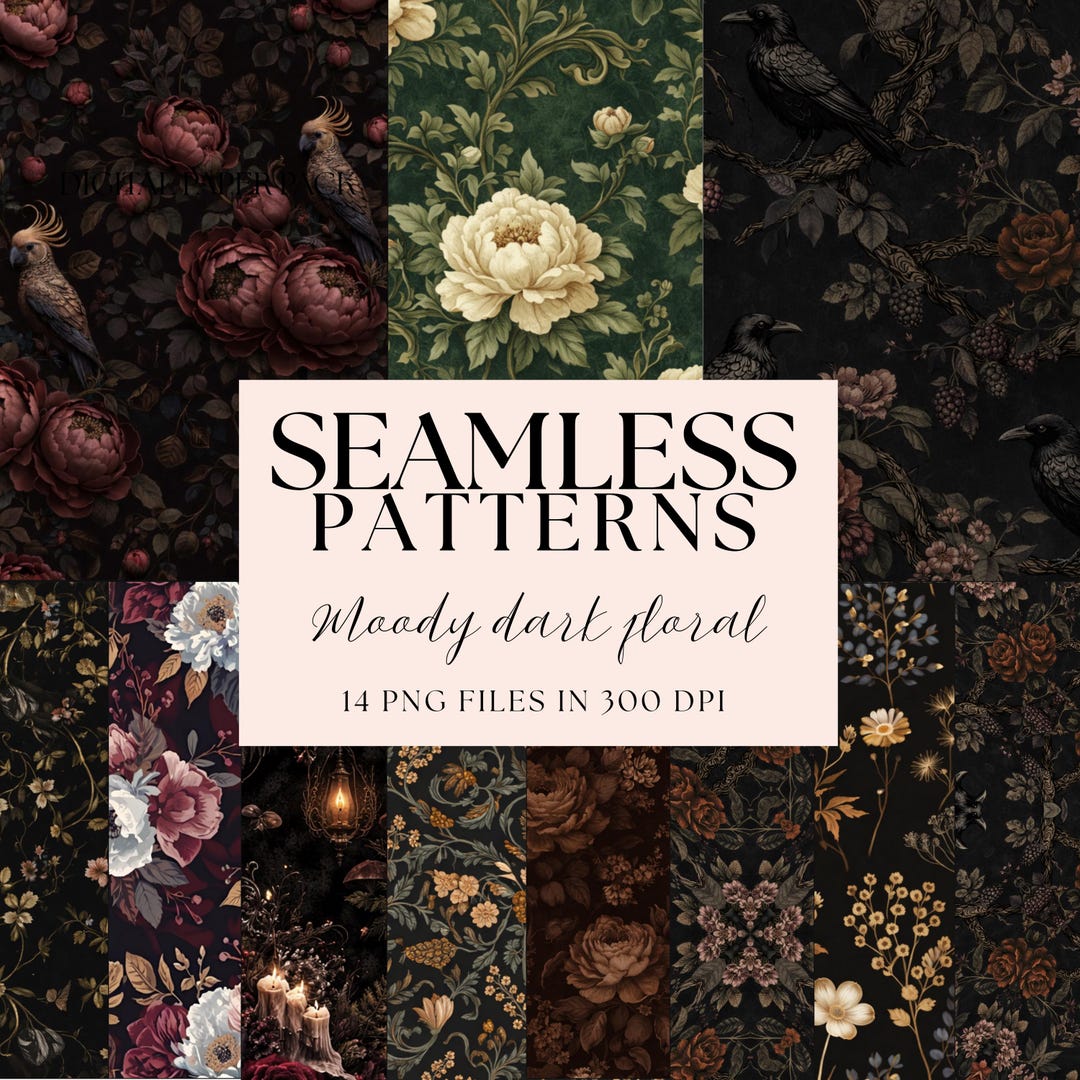 Set of 14 Dark Academia Seamless Patterns Moody Floral Digital Download ...