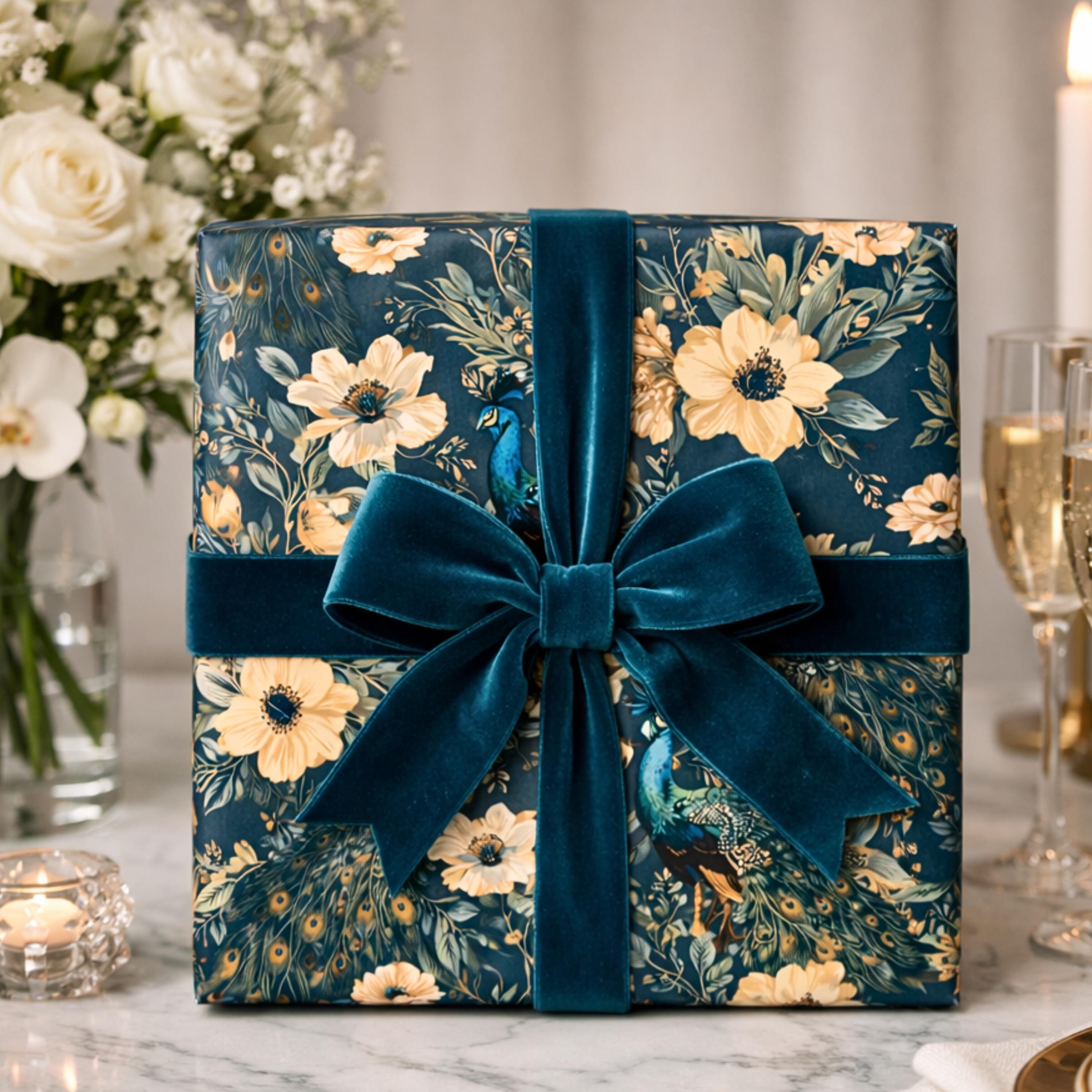 Elegant Peacock Wedding Wrapping Paper Romantic Botanical Gift Wrap ...