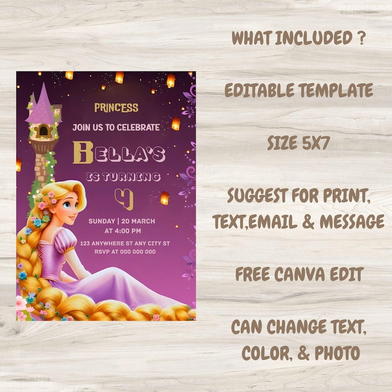 Princess Birthday Invitation Template, Editable 5x7 (digital Download ...