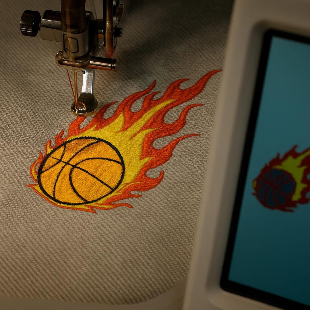 Flaming Basketball Embroidery Design - Fireball Sports Logo - Digital ...
