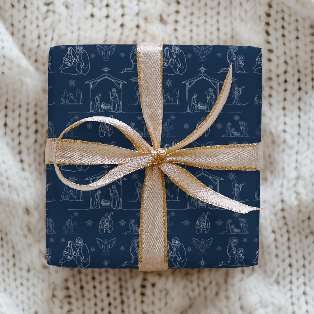 Nativity Christmas Wrapping Paper White Line Art Nativity Scene Holy ...