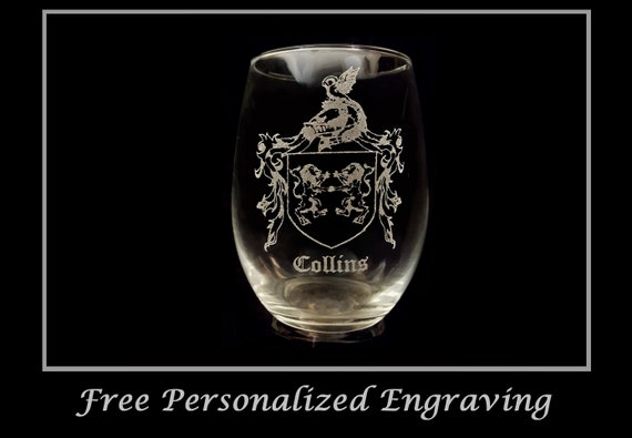 Collins Family Coat of Arms Clear Stemless Wine Glass 18 oz | Etsy