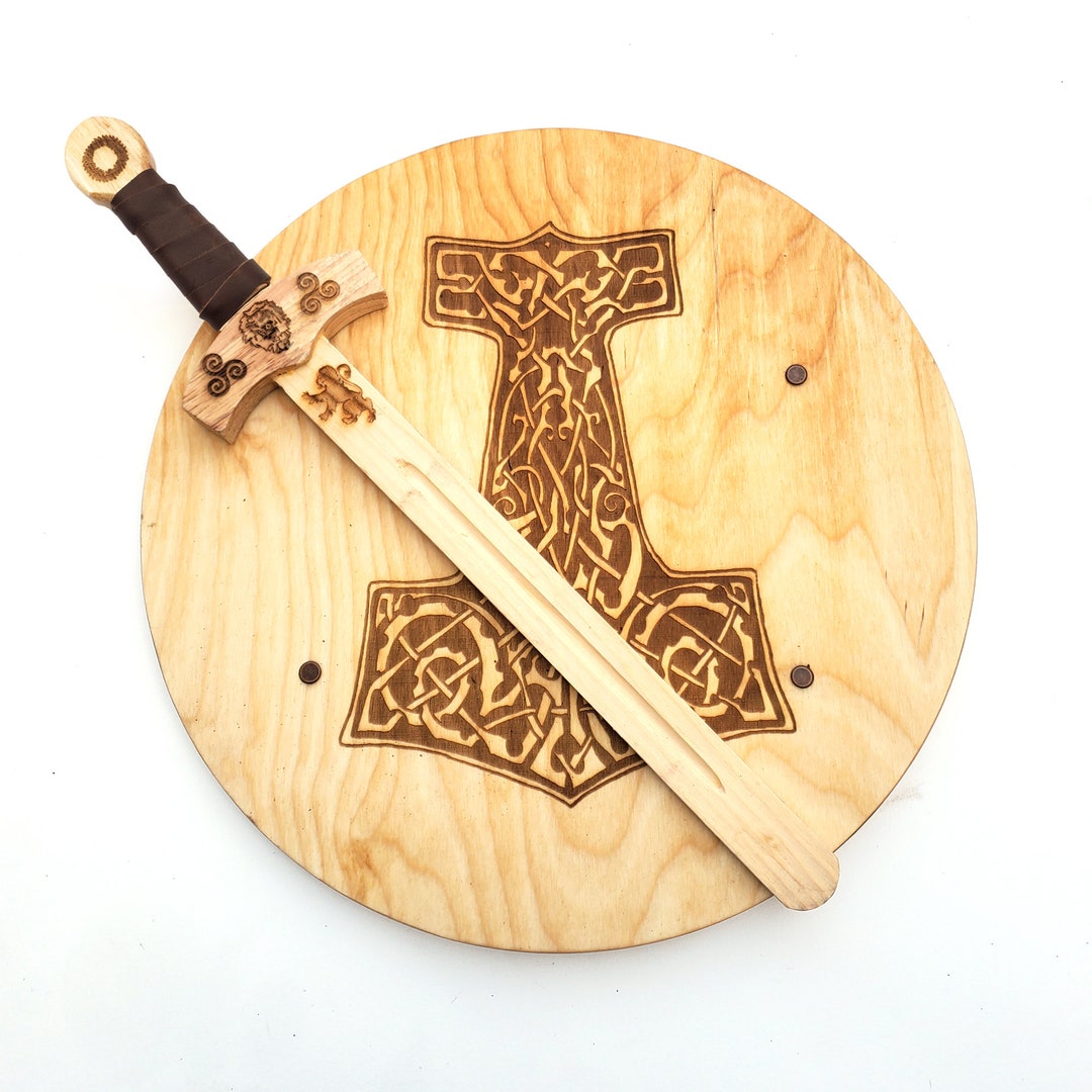 Mjolnir Thor's Hammer Design Sword and Shield Wooden Set, Free Name ...