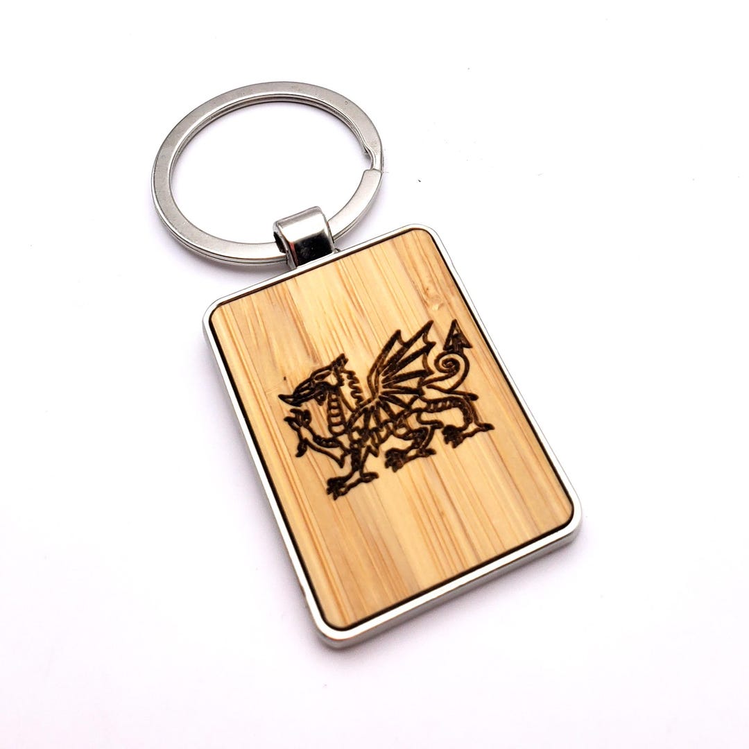Welsh Dragon Personalized Keychain, Steel and Wood Wales Keyring Gift ...