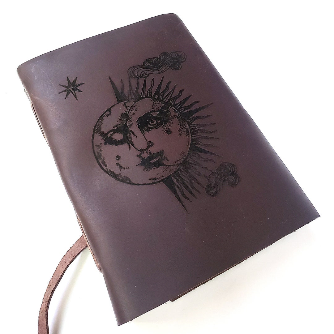 Sun and Moon Face Leather Journal, Free Personalization 5" X 7" Blank ...