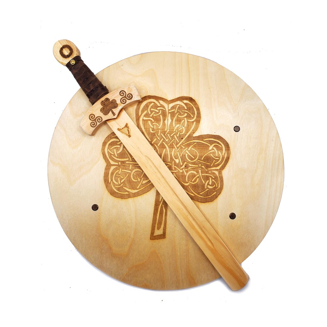 Celtic Clover Wooden Sword and Shield, Free Name Engraving, Hardwood ...