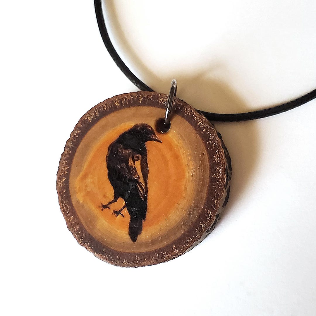 Raven Wooden Pendant Necklace, Engraved Personalization, Bird Design ...