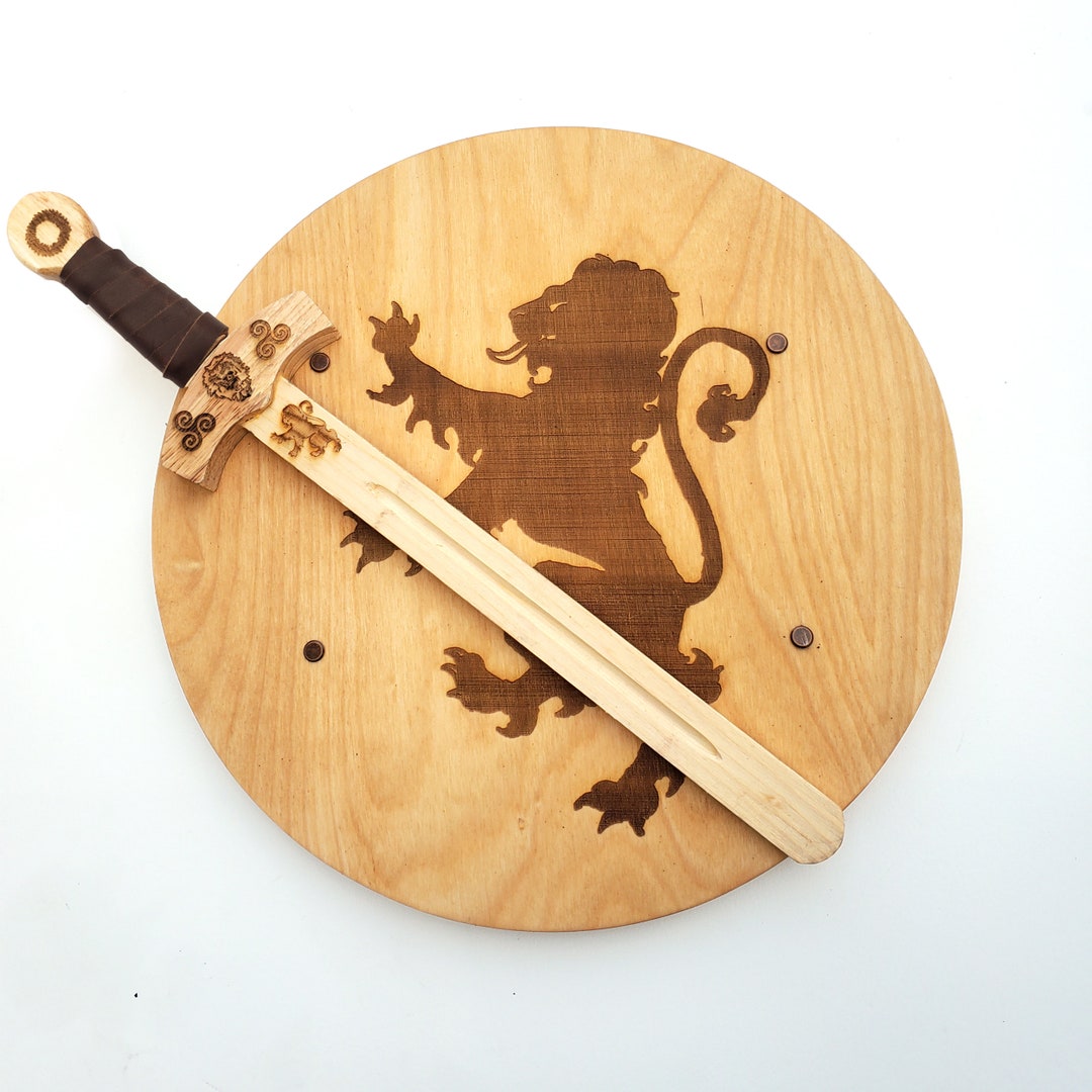 Lion Rampant Sword and Shield Wooden Set, Free Name Engraving, Solid ...