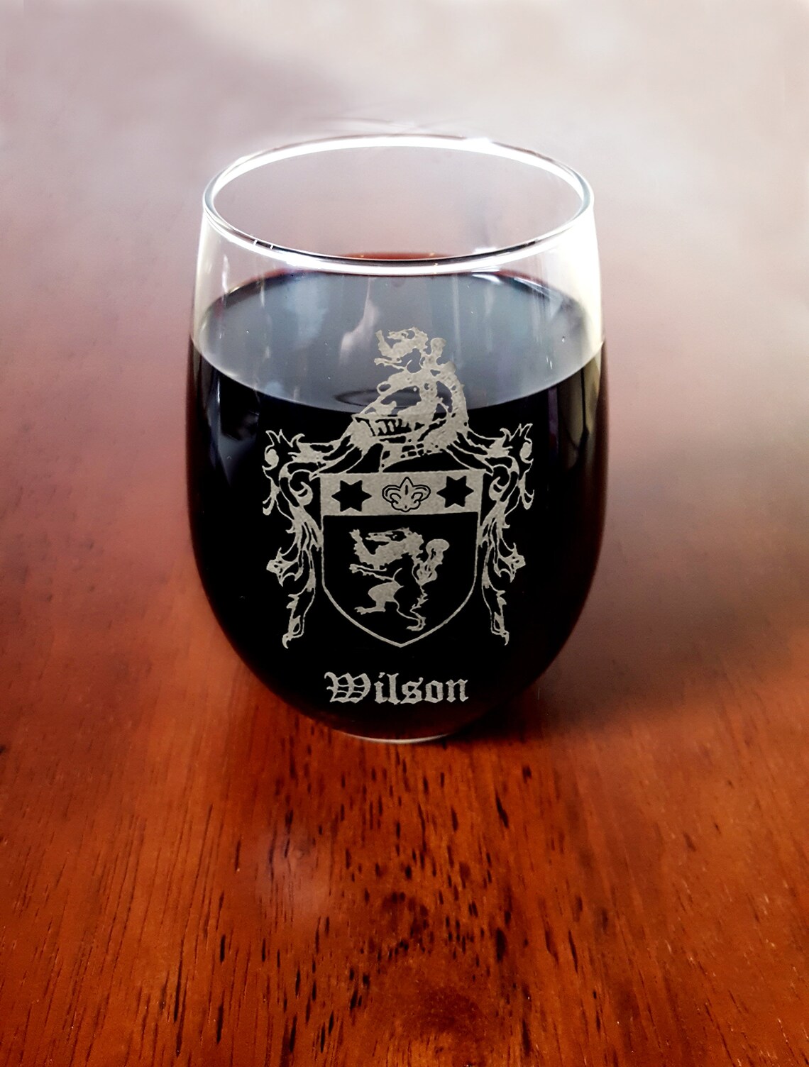 Wilson Coat of Arms Clear Stemless Wine Glass 18 Oz- Free Personalized ...