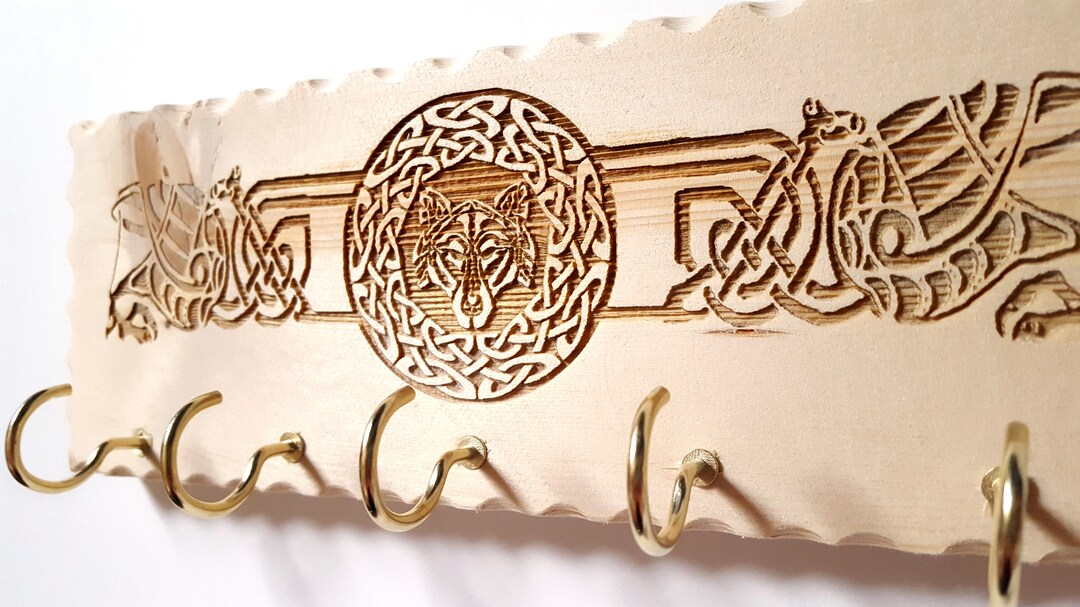 Decorative Celtic Wolf Key Hanger, Wooden Wall Mounted Hook Organizer ...